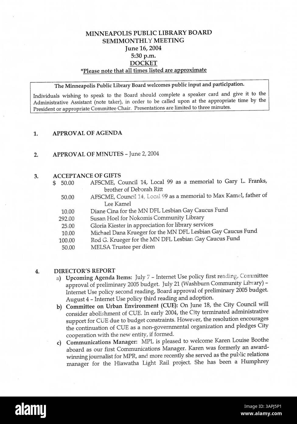 These 2004 meeting minutes from the Minneapolis Public Library Board ...