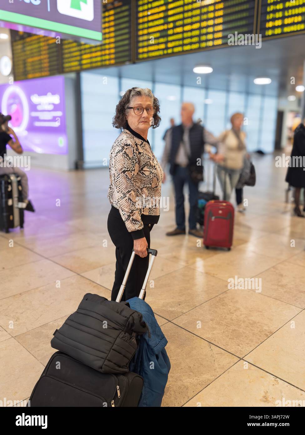 Elderly woman standing with her trolley and luggage, waiting in the ...