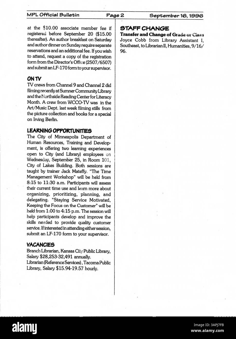 This official weekly bulletin from 1996 provides important internal ...