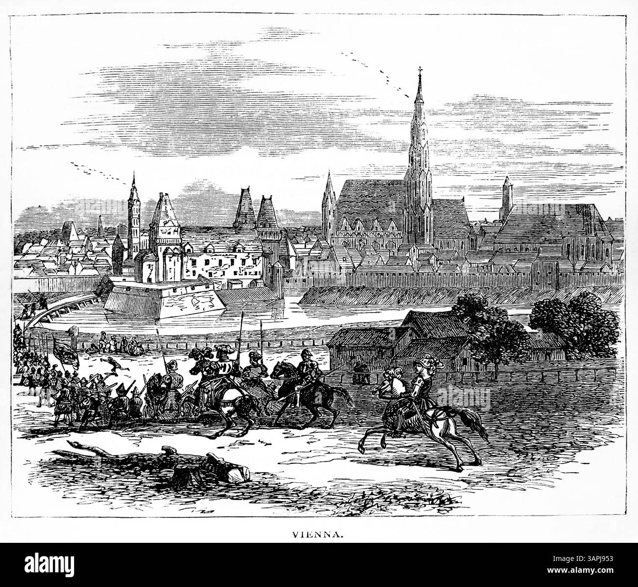 Illustration of Turks heading toward Vienna in 1529 engraving by W.L ...