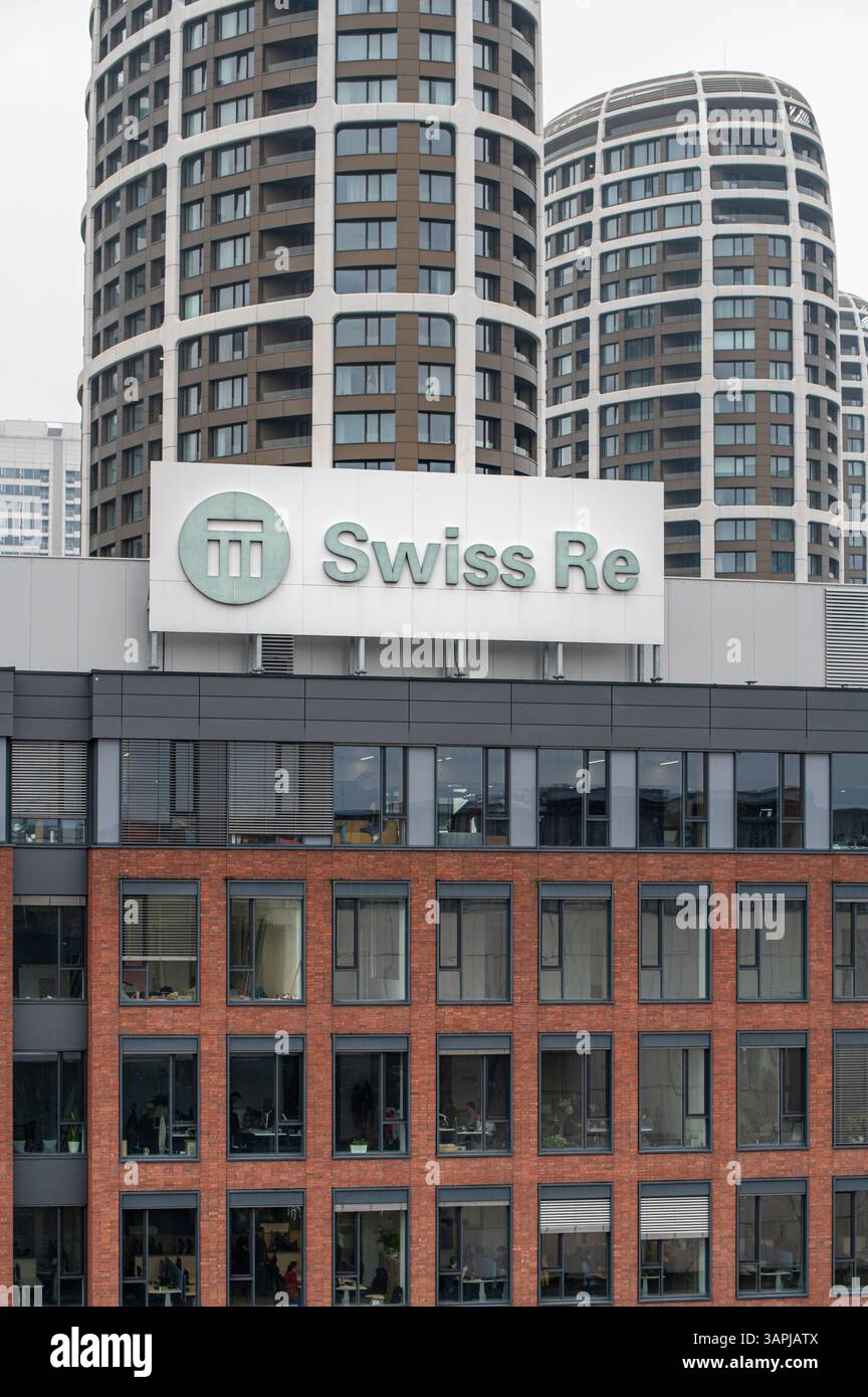 Bratislava, Slovakia - April, 15, 2025 : The Sign of "Swiss Re" on the building. Swiss Re, is a ...
