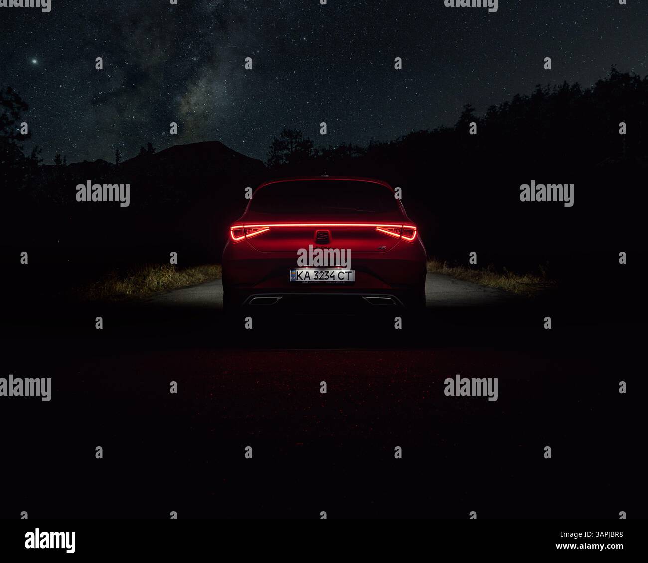 red SEAT Leon on a road in dark forest. Night image with rear view of ...
