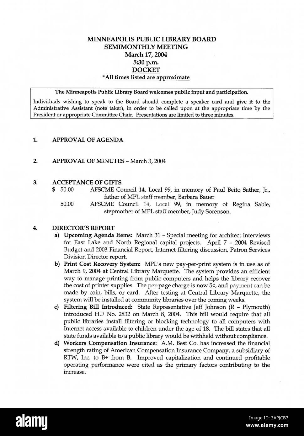 The 2004 meeting minutes from the Minneapolis Public Library Board ...