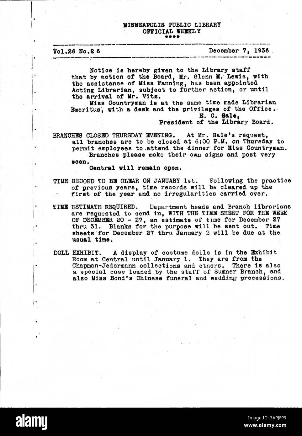 This 1936 Official Bulletin for Minneapolis Public Library employees ...