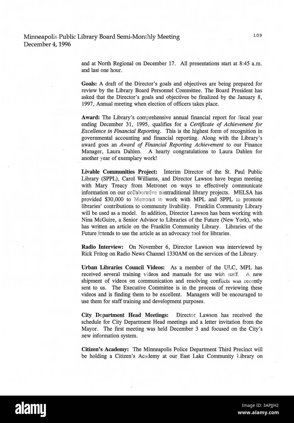 The 1996 meeting minutes of the Minneapolis Public Library Board detail ...