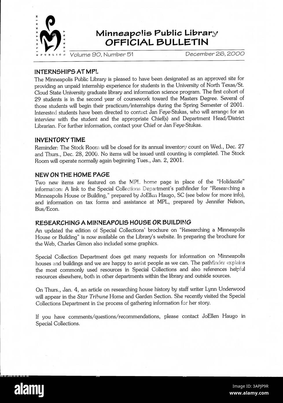 A weekly bulletin from the Minneapolis Public Library in 2000, offering ...