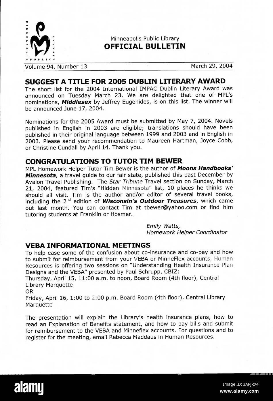 This 2004 Minneapolis Public Library Official Bulletin is a weekly ...