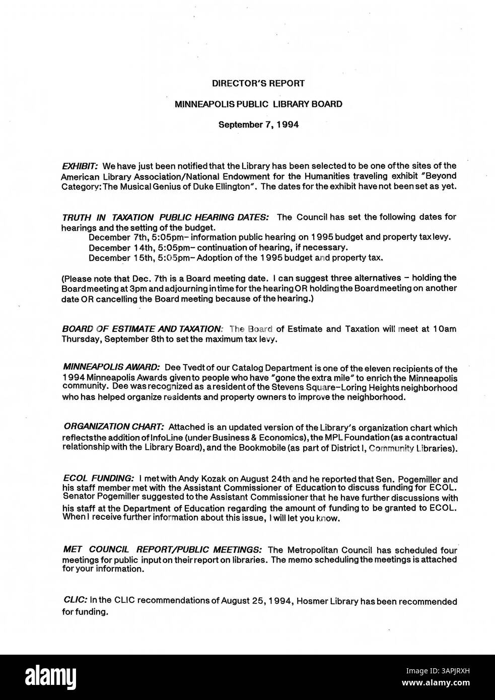 The 1994 meeting minutes for the Minneapolis Public Library Board ...