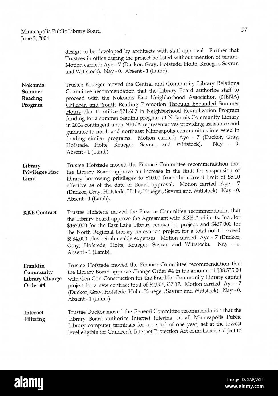 The 2004 meeting minutes of the Minneapolis Public Library Board ...