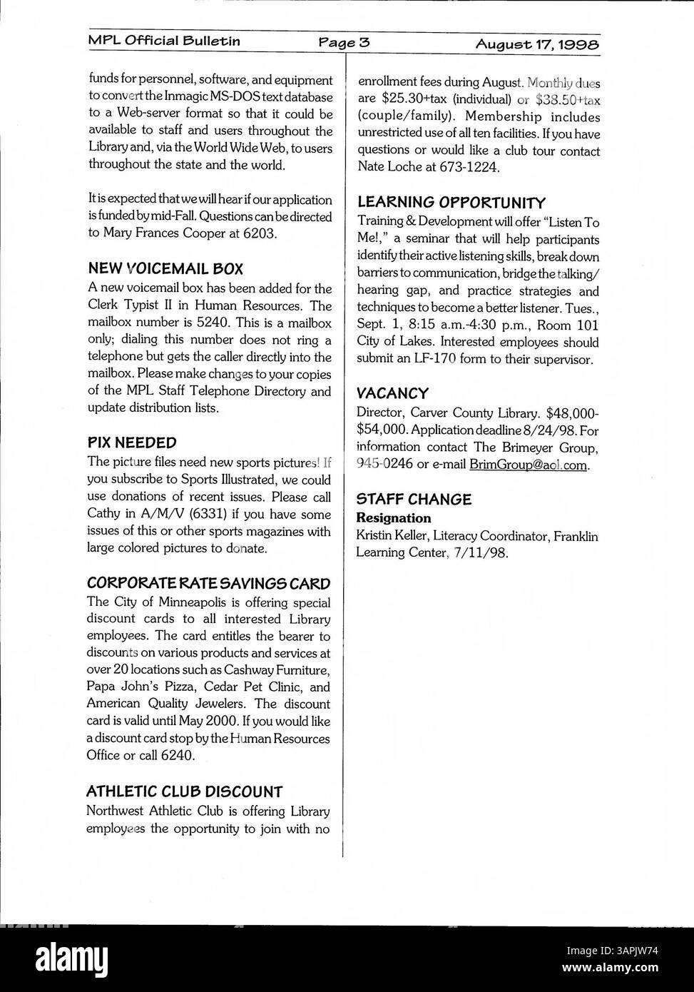 This weekly bulletin for Minneapolis Public Library employees from 1998 ...