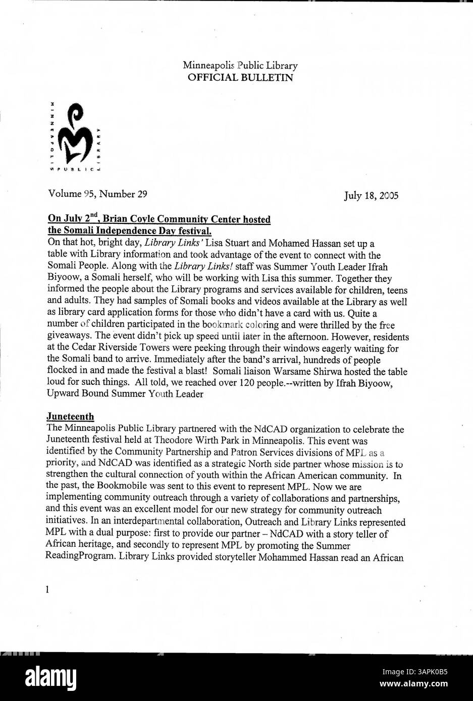 The 2005 Minneapolis Public Library weekly bulletin provides important ...