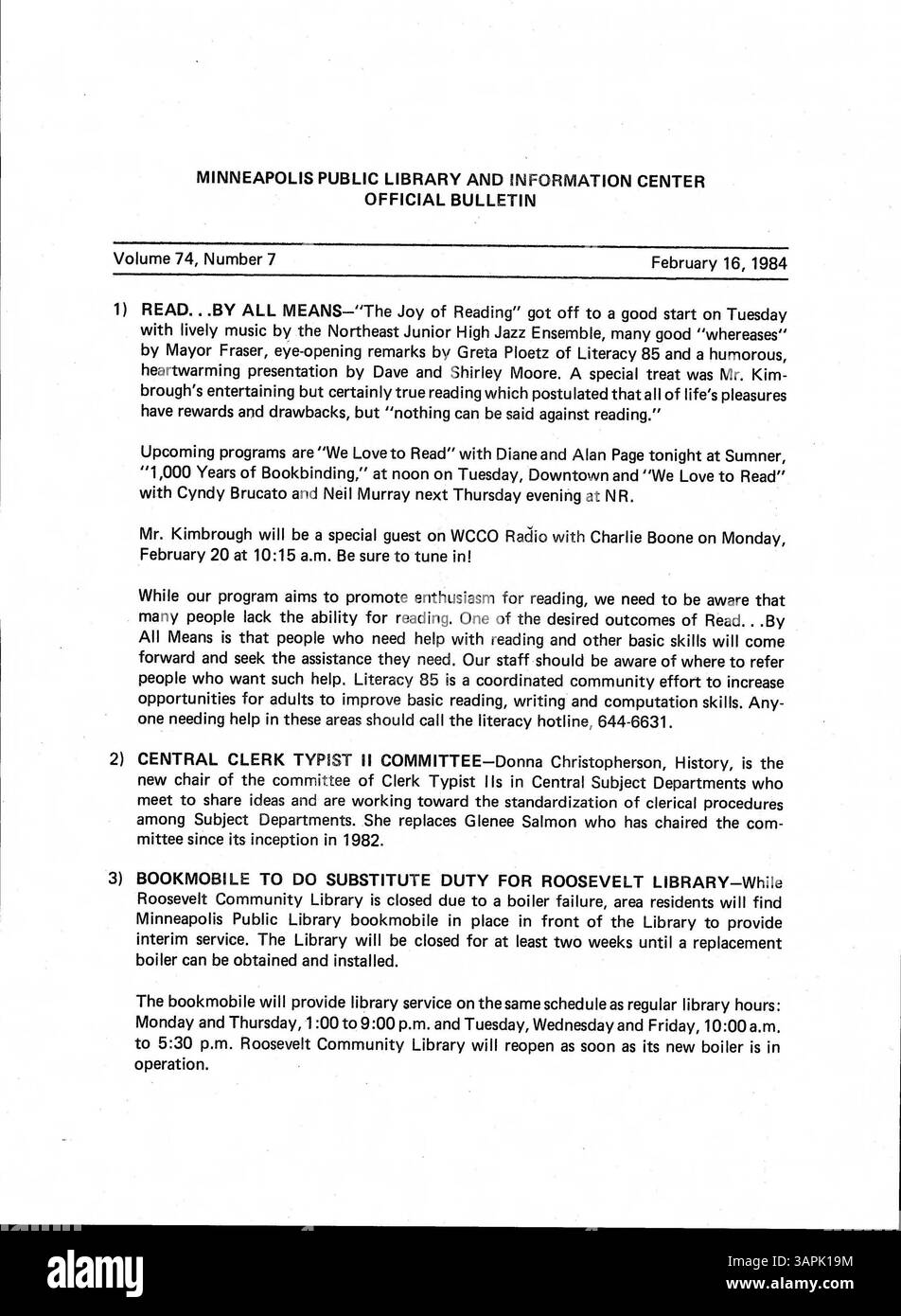 The 1984 weekly bulletin for employees of the Minneapolis Public ...