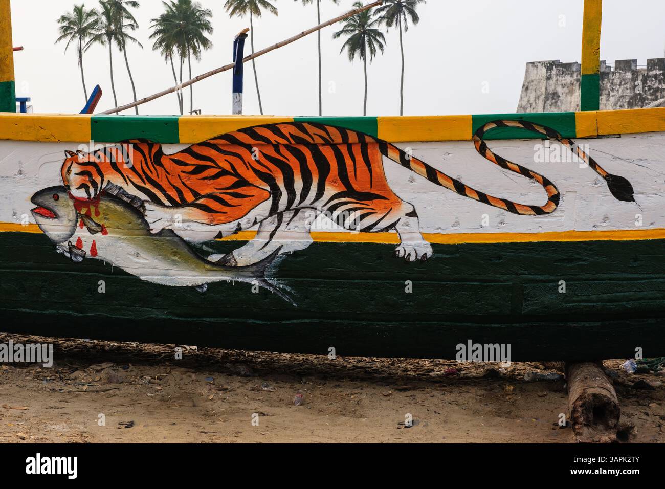 Ghana, Elmina. Design on a Fishing Boat Showing a Tiger Catching a Fish ...