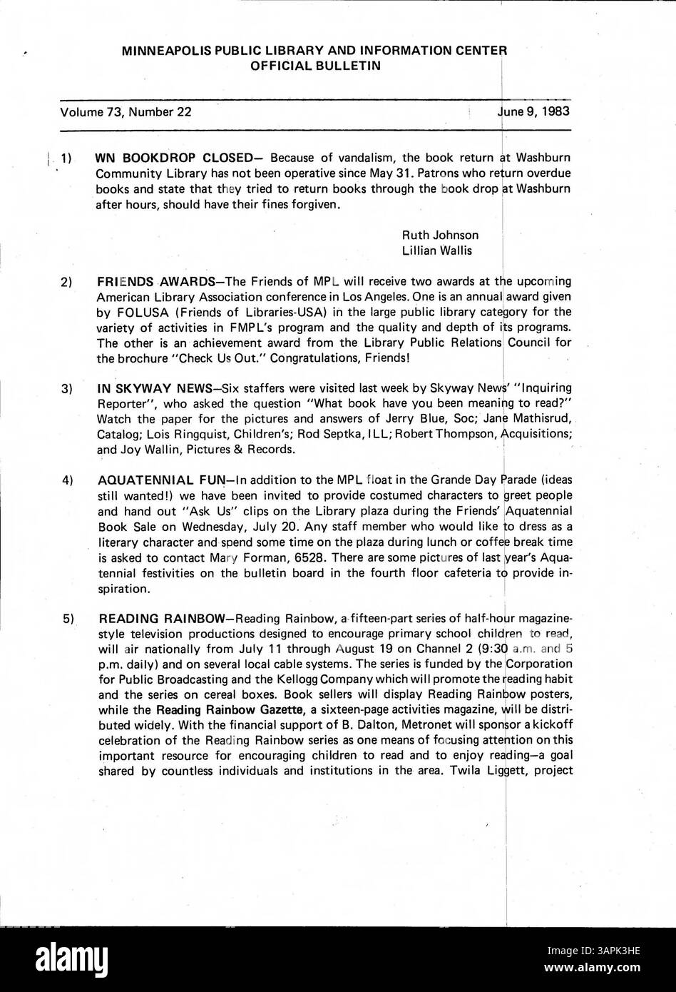 The Minneapolis Public Library Official Bulletin 1983 provides a weekly ...