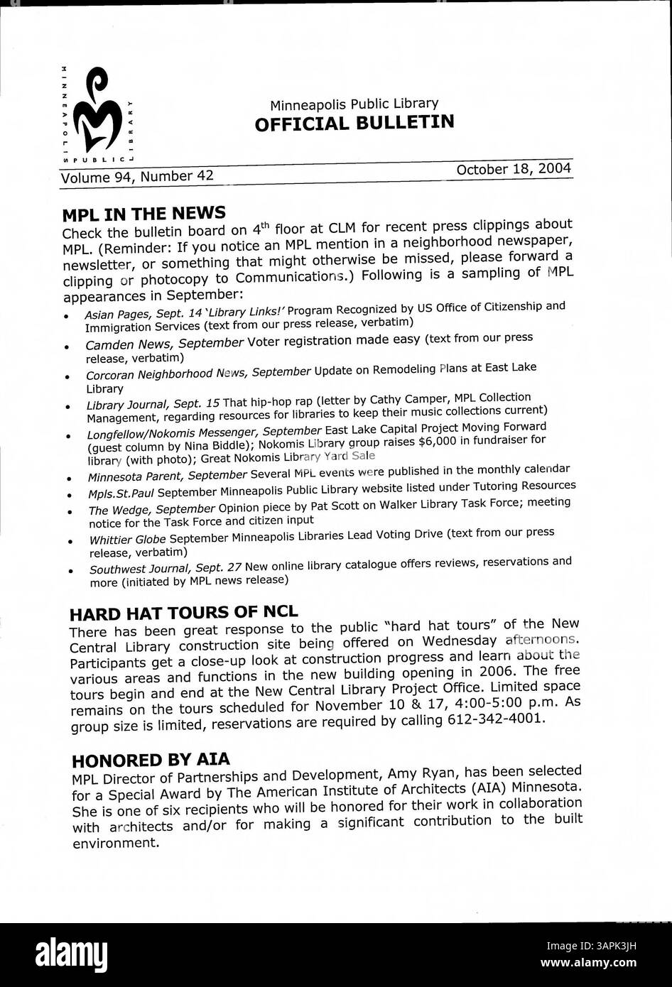 This 2004 weekly bulletin for Minneapolis Public Library staff contains ...