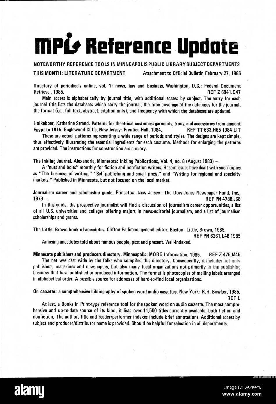 The 1986 Minneapolis Public Library Official Bulletin is a weekly ...