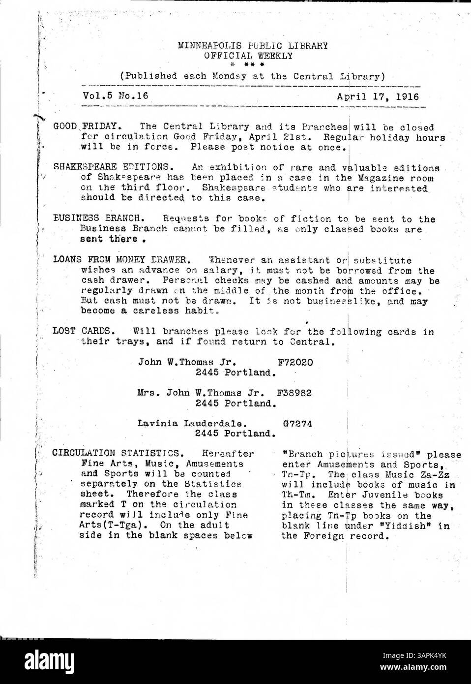This weekly bulletin from the Minneapolis Public Library, dated 1916 ...