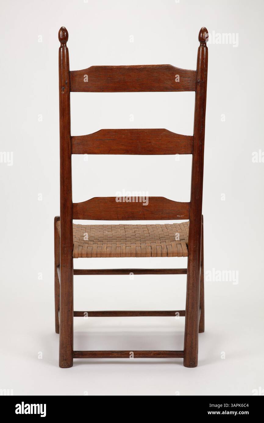 This chair, featuring a slat-back design and woven hickory splint seat ...
