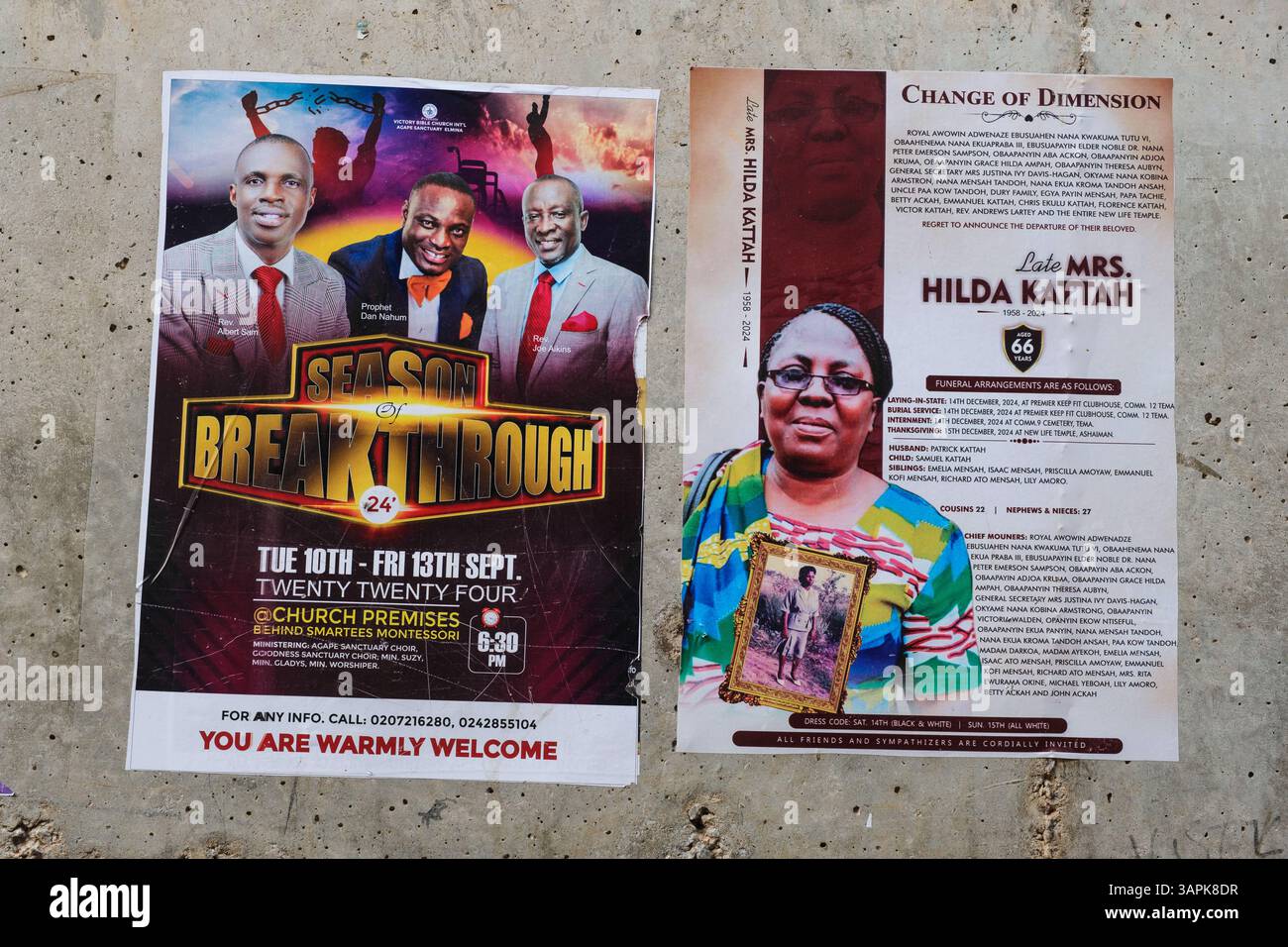 Ghana, Elmina. Posters Announcing an Uncoming Religious Meeting and the Recent Death of a Local ...