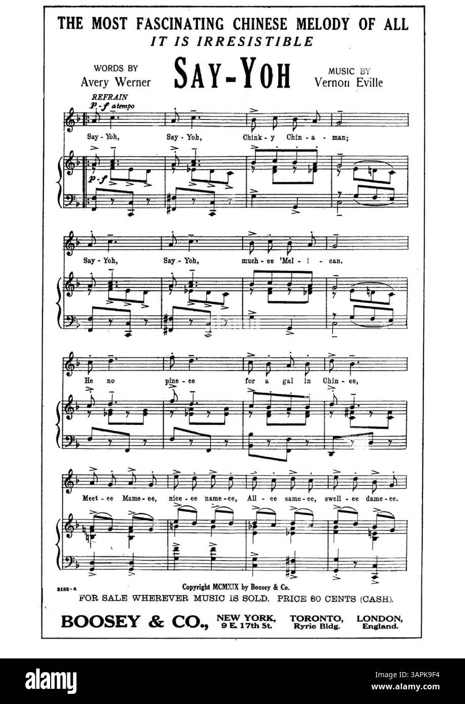 The sheet music includes musical excerpts from the songs 'Say-Yoh ...