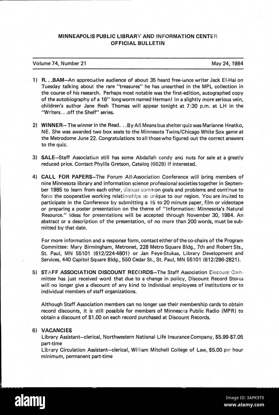 The 1984 Minneapolis Public Library Official Bulletin provides weekly ...