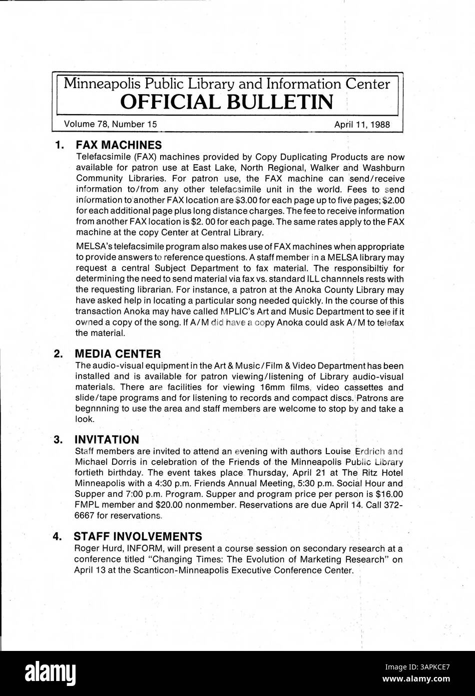 The 1988 Minneapolis Public Library Official Bulletin provides a weekly ...