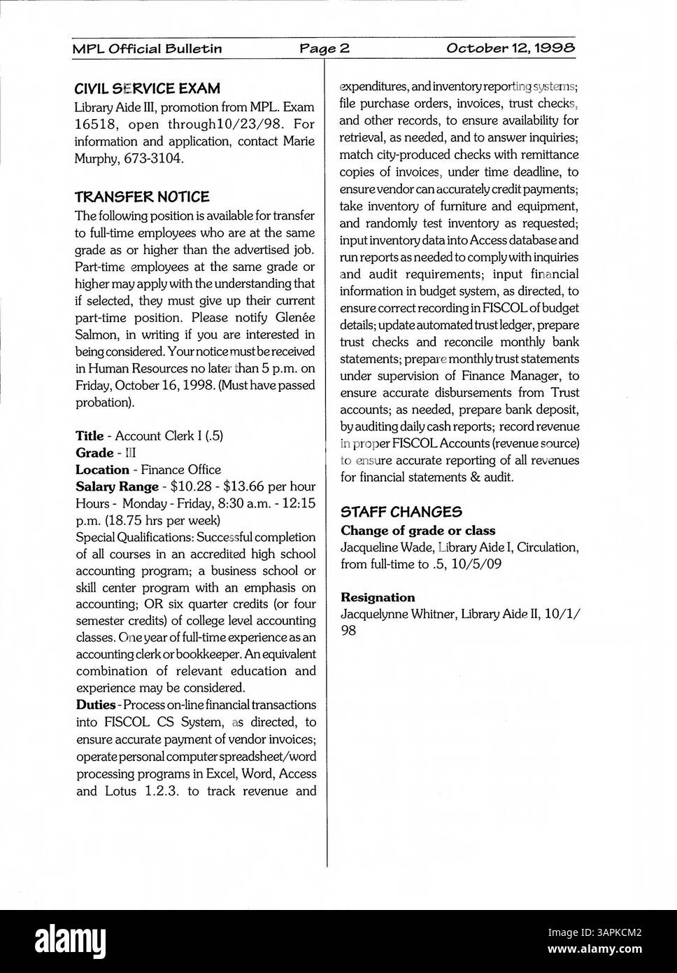 This weekly 1998 Minneapolis Public Library bulletin features staff ...
