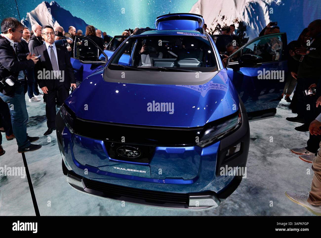 The 2026 Subaru Trailseeker is surrounded by media at the Subaru press ...