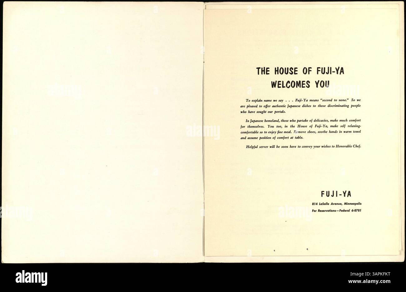 The Fuji-Ya menu booklet, featuring Japanese cuisine, includes a ...