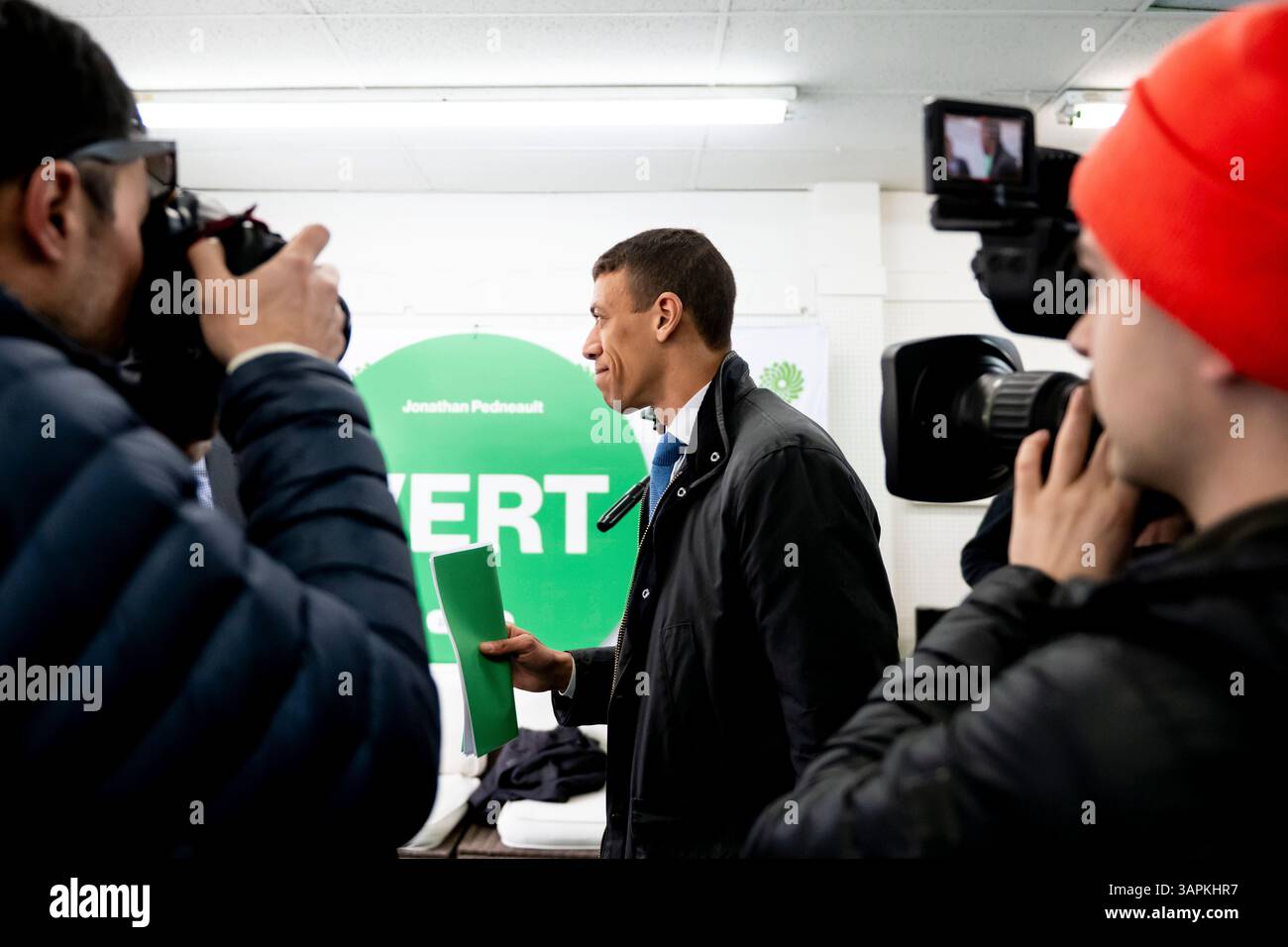 Green Party co-leader Jonathan Pedneault walks out the door after ...