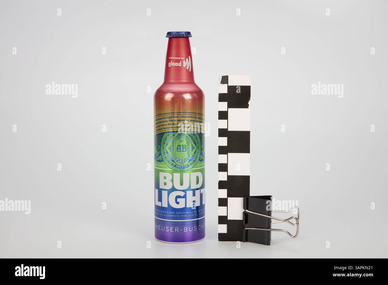 A rainbow-colored Bud Light commemorative bottle from the 2019 Pride ...