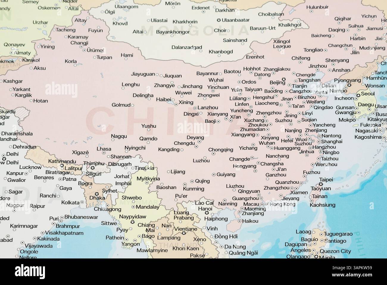 Macro photo of China political map with country frontiers and most ...