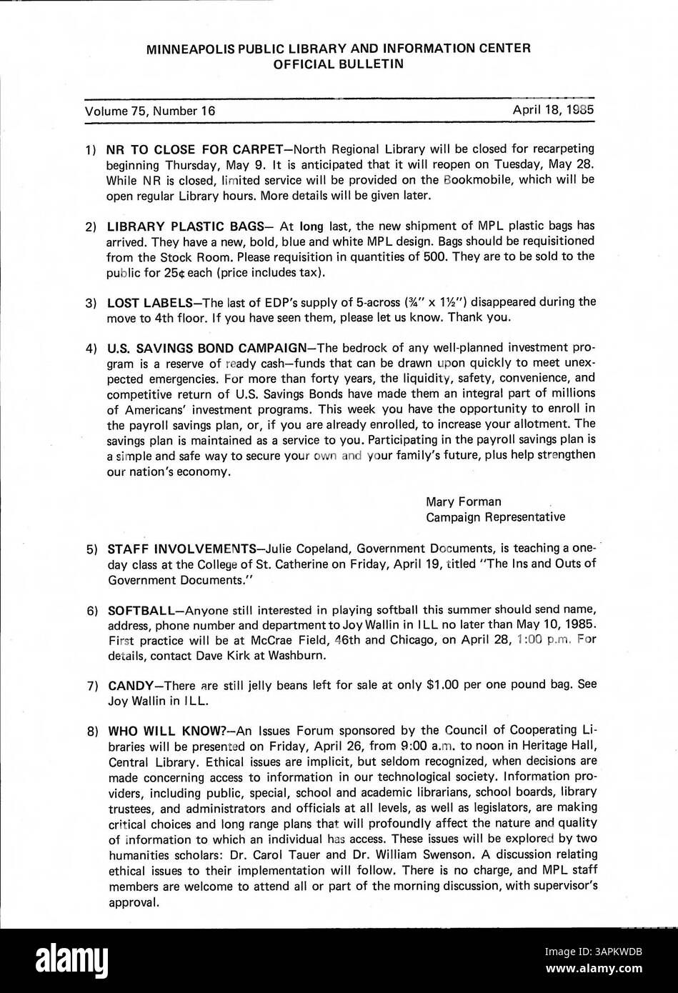 The 1985 Minneapolis Public Library Official Bulletin offers important ...