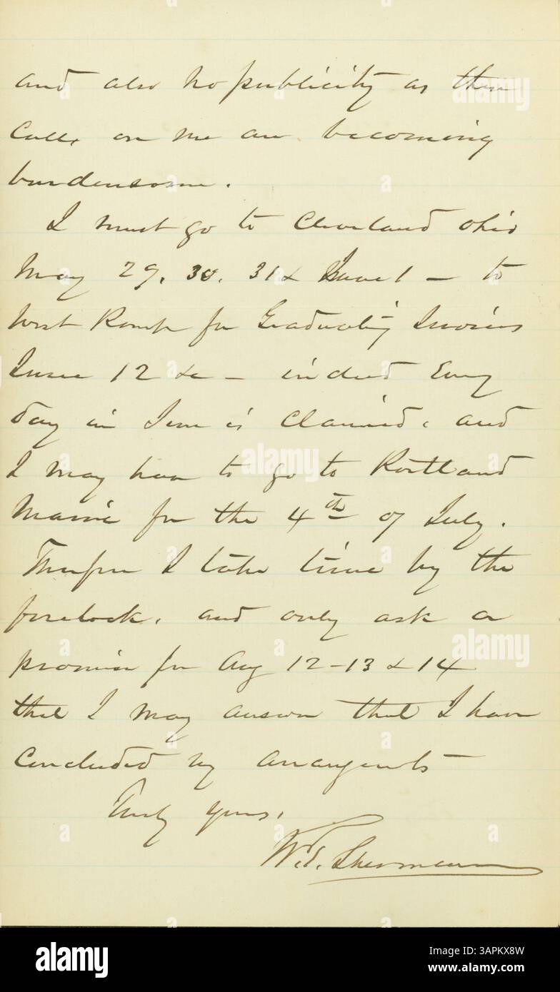 General W.T. Sherman’s letter, dated May 25, 1890, requests a room ...