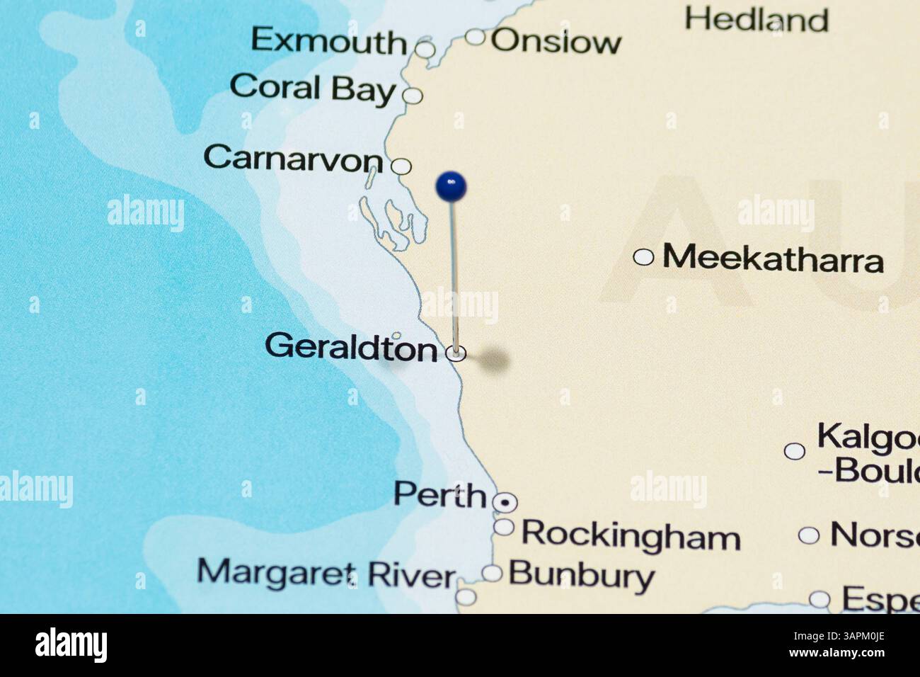 macro photo of a blue pin needle into geraldton city of Australia ...