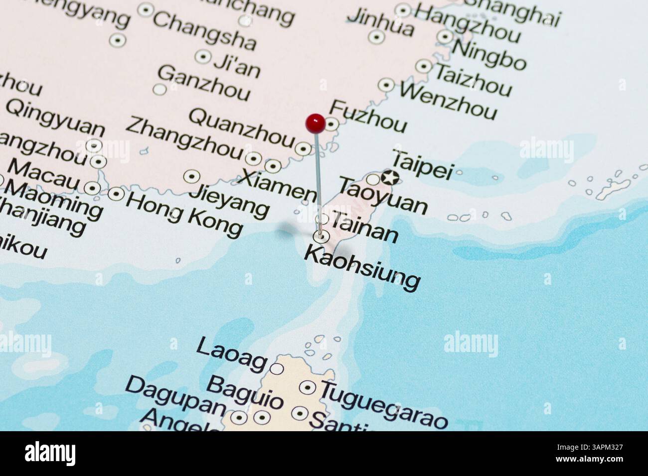 macro photo of a red pin needle into kaohsiung city of Taiwan political ...