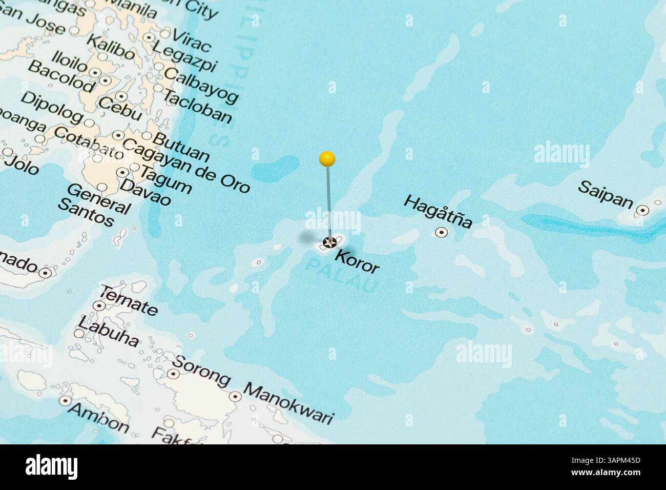 macro photo of a yellow pin needle into koror city of Palau political ...