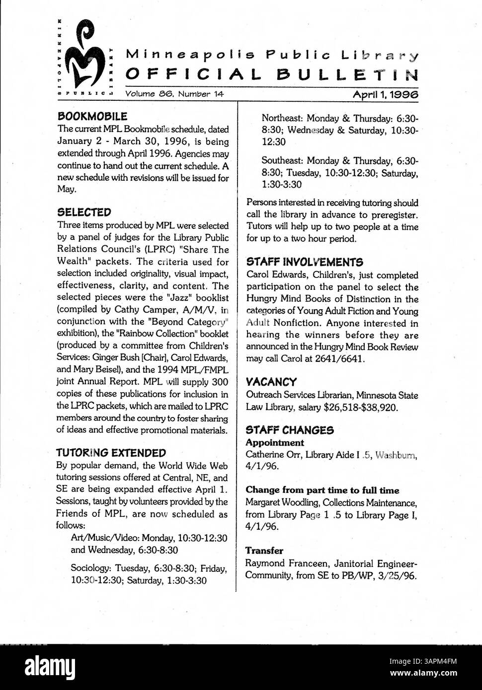The Minneapolis Public Library Official Bulletin from 1996 offers ...