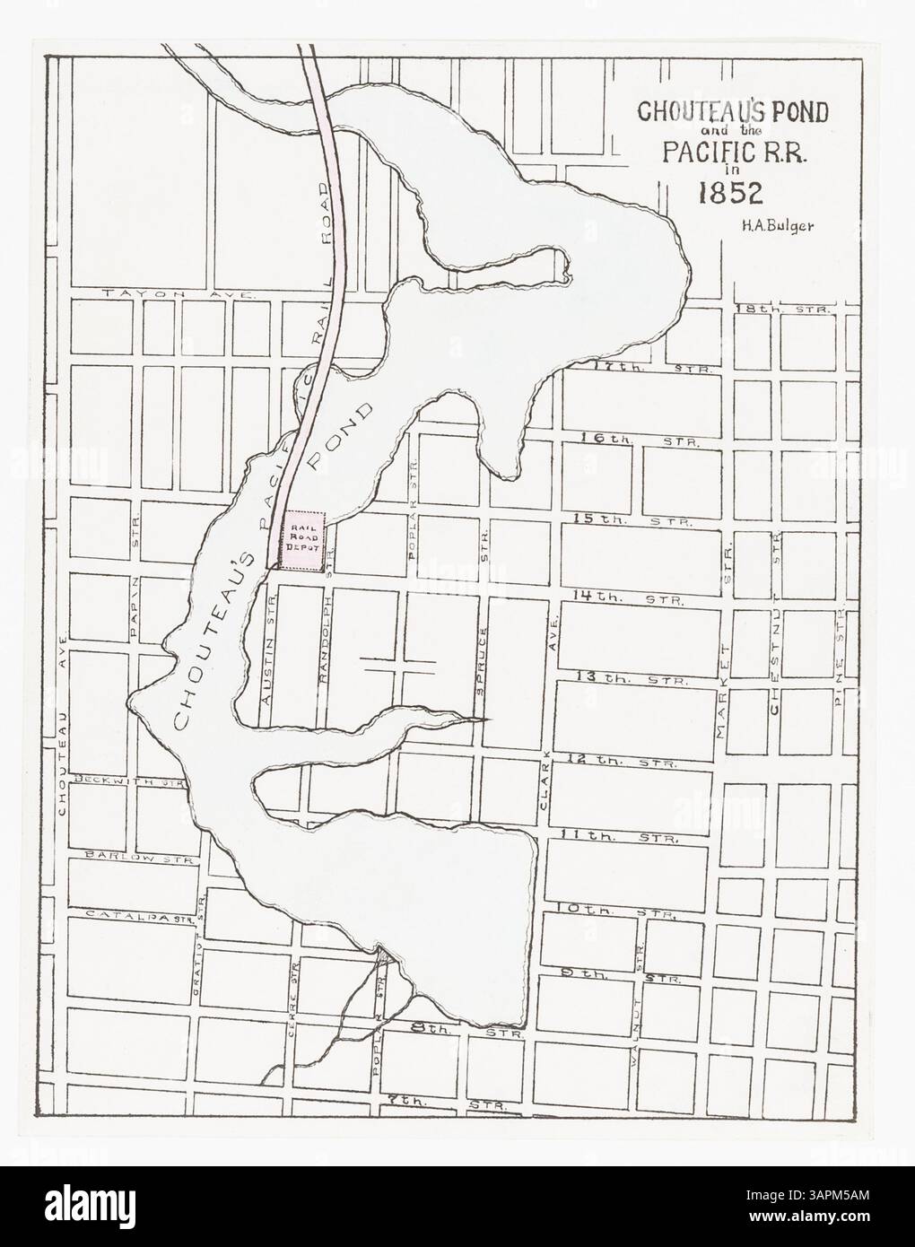 The map from 1852 shows Chouteau's Pond overlaid onto St. Louis' street ...
