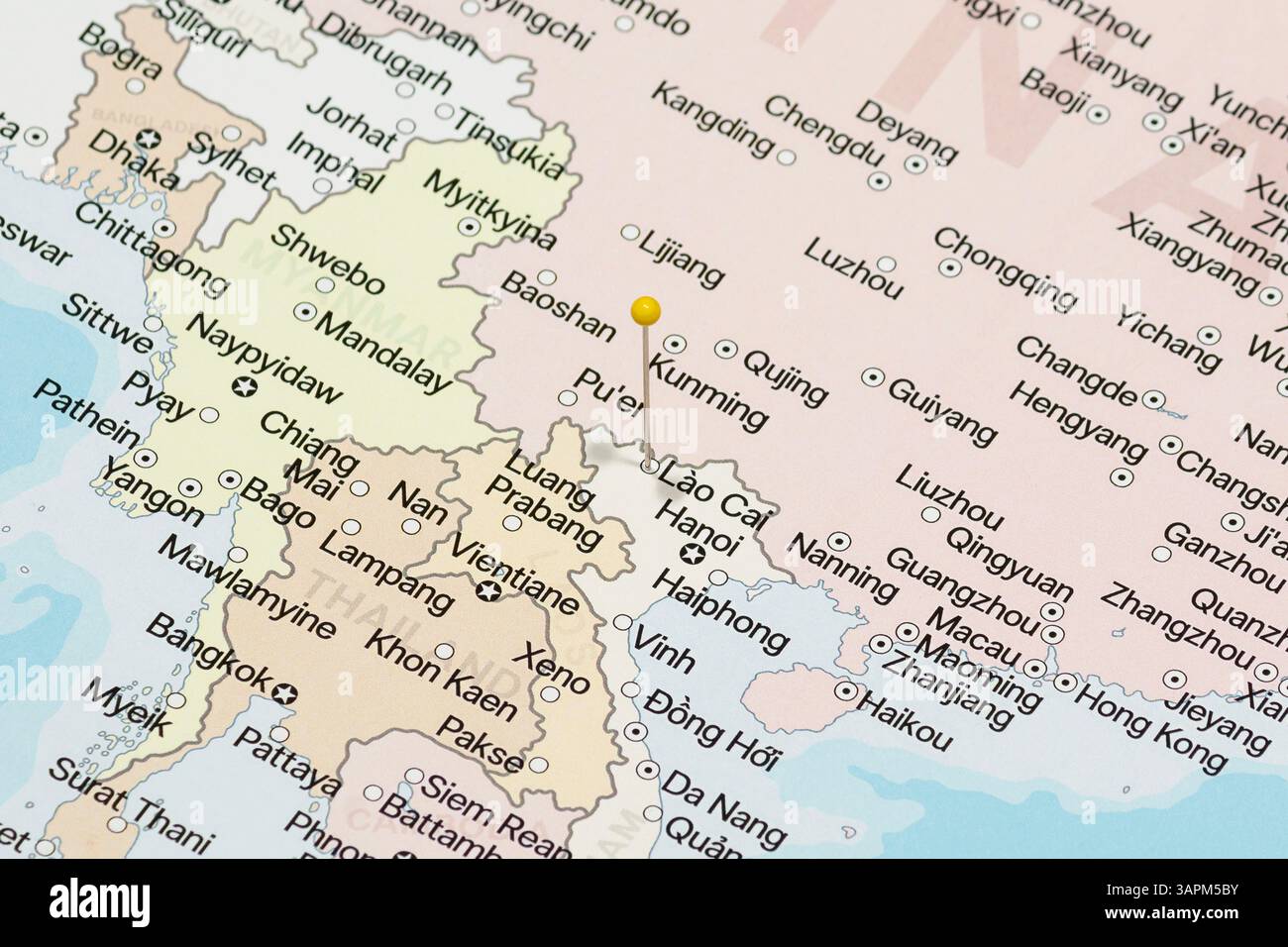 macro photo of a yellow pin needle into Lao Cai city of Vietnam ...