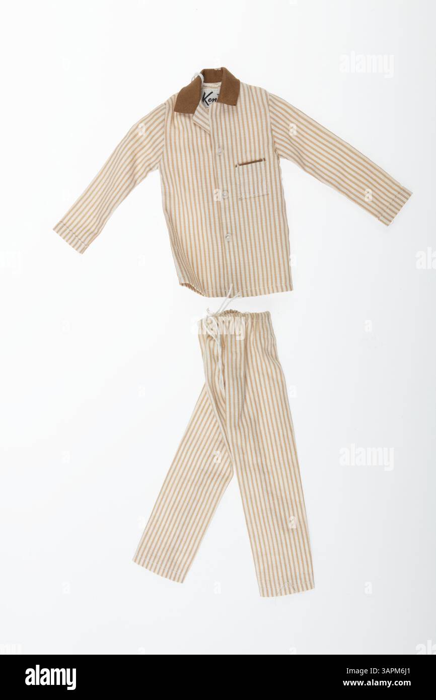 A two-piece tan and white striped cotton pajama set designed for a Ken ...