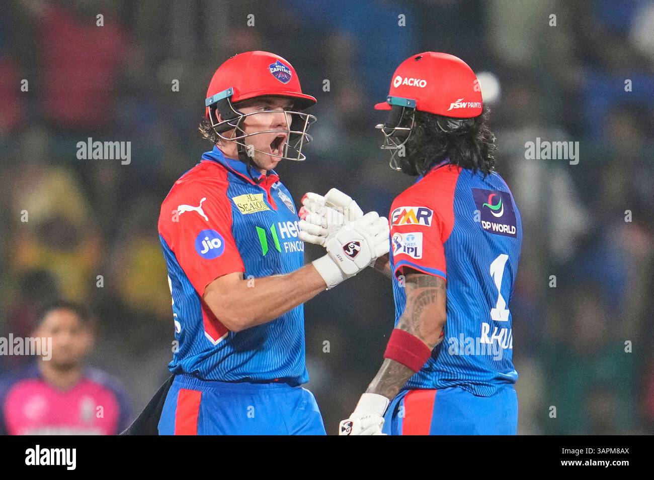 Delhi Capitals' Tristan Stubbs and KL Rahul celebrate their team win against Rajasthan Royals ...