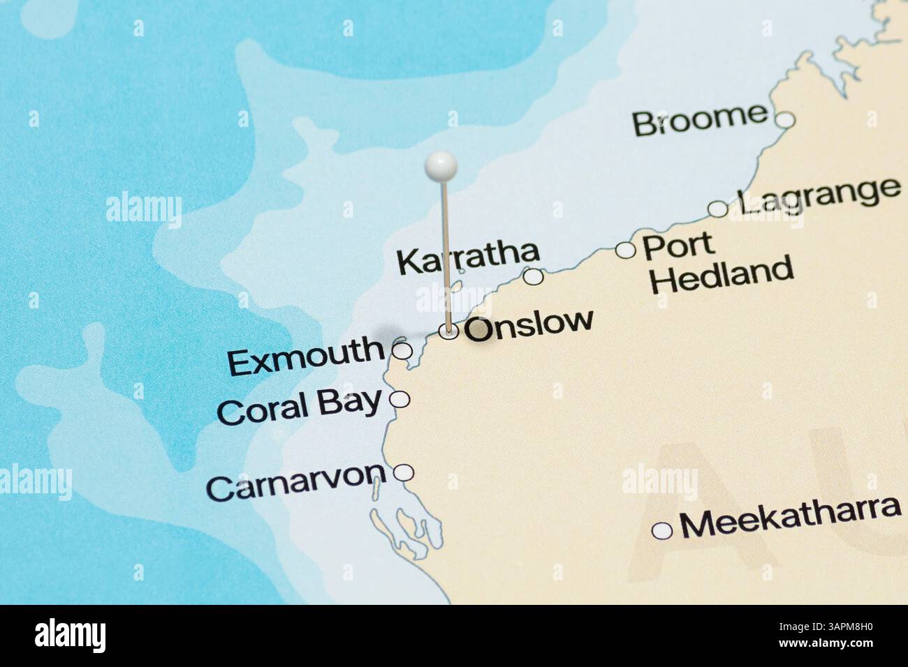 macro photo of a white pin needle into Onslow city of Australia ...