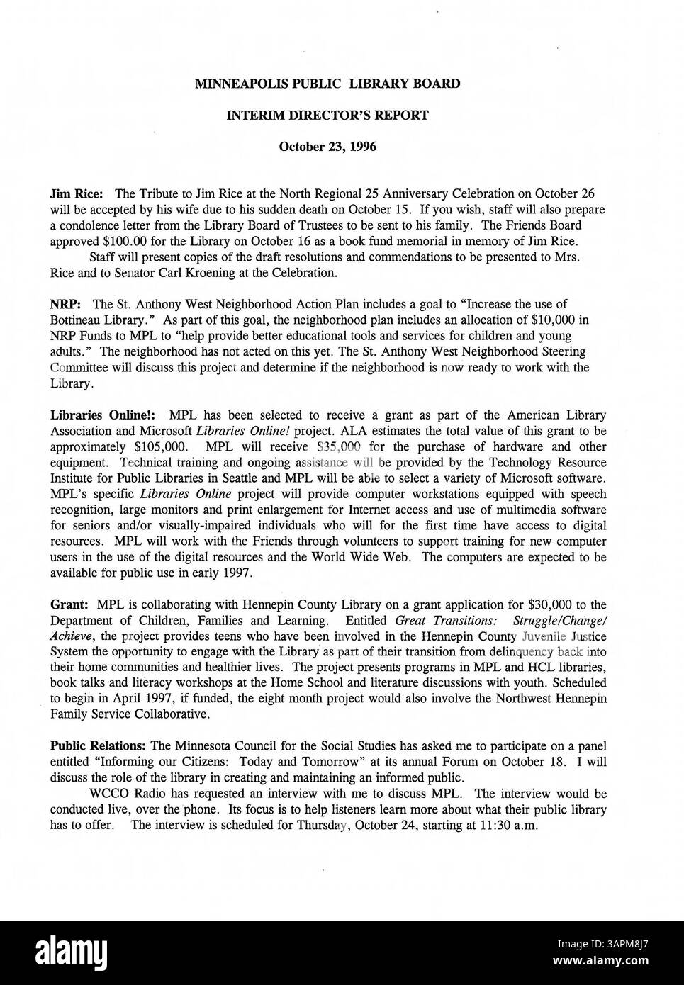 The 1996 minutes from the Minneapolis Public Library Board document ...