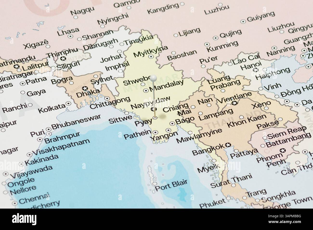 macro photo of a white pin needle into Pyay city of Myanmar political ...