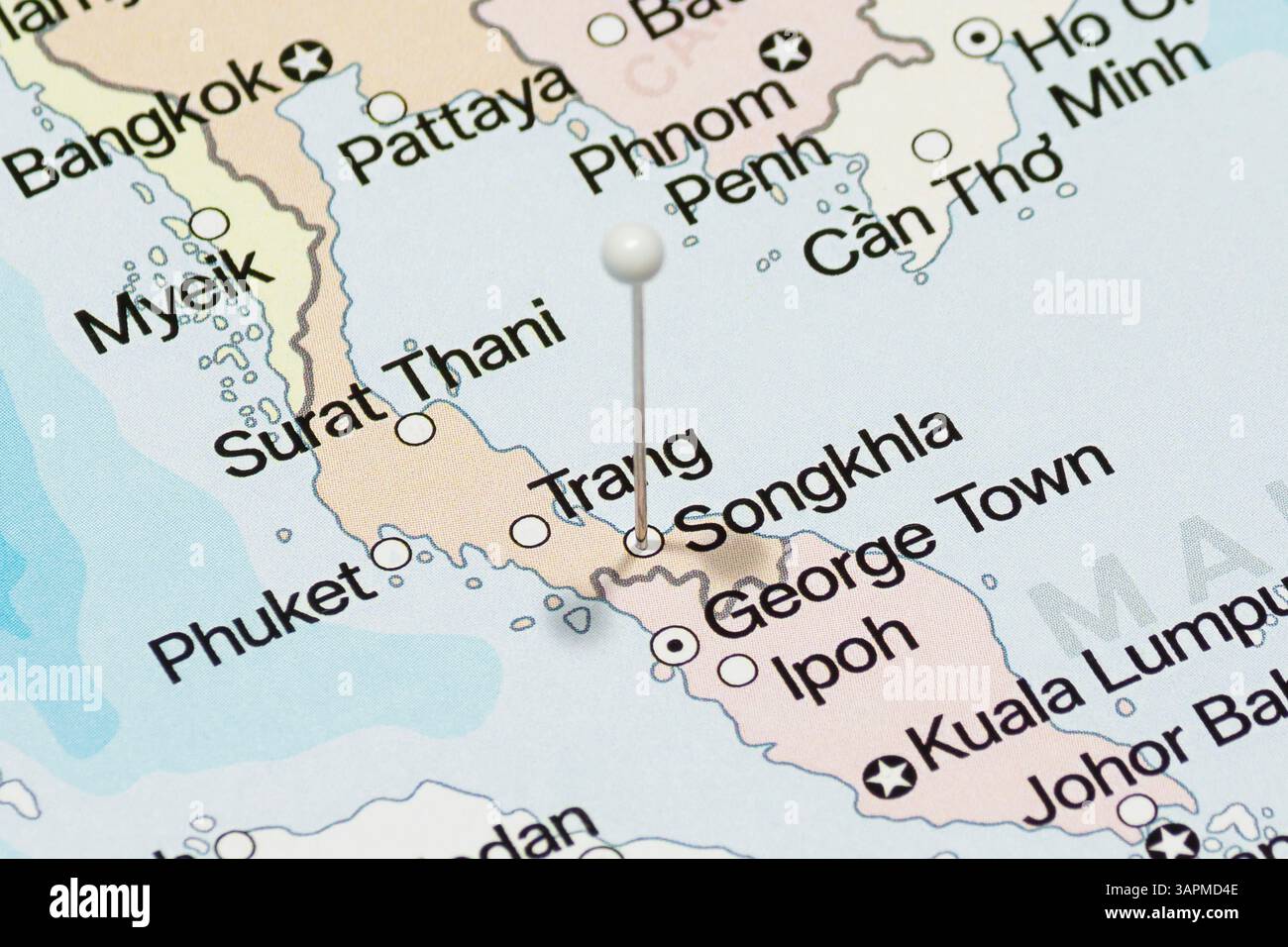 macro photo of a white pin needle into Songkhla city of Thailand ...