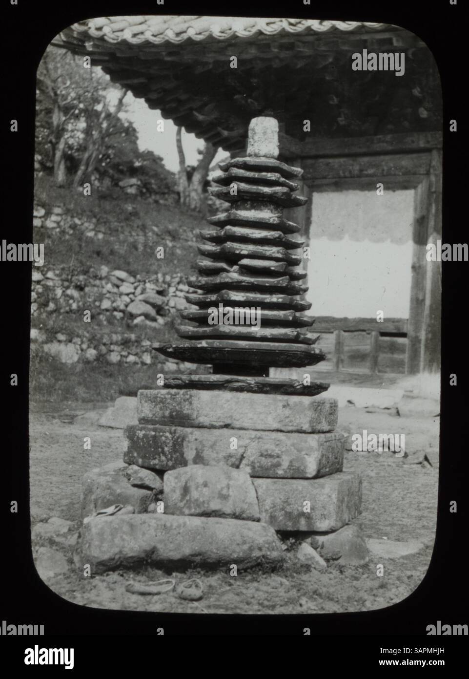 This 1917 photograph by Gertrude Bass Warner shows Kumsan-Sa, a pagoda ...