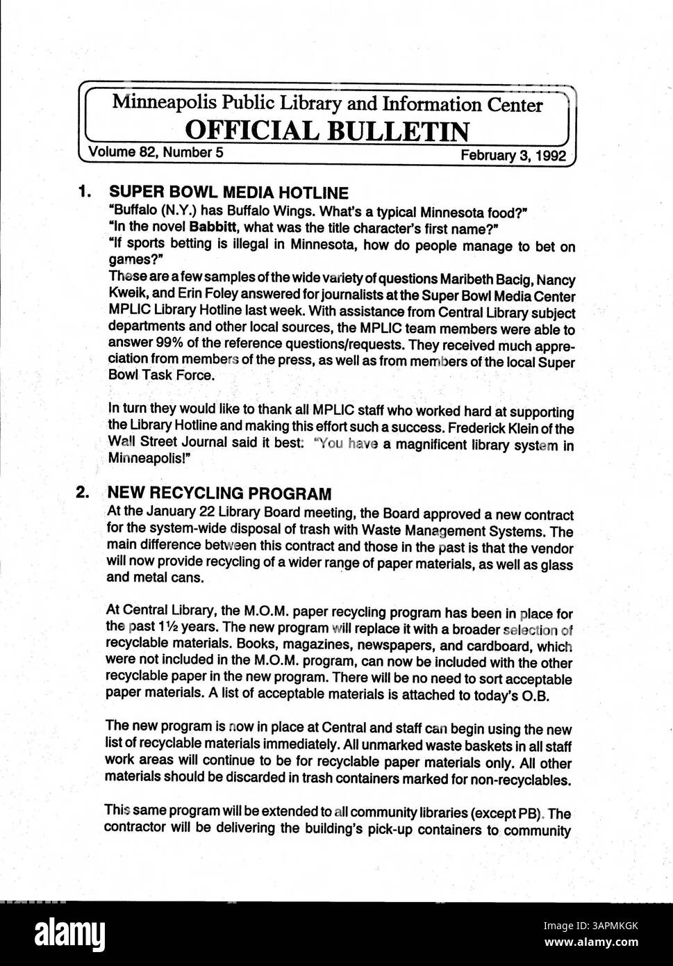 The 1992 Minneapolis Public Library Official Bulletin provides ...