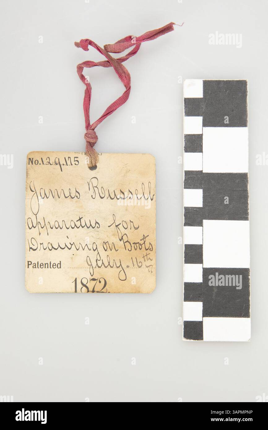 The 1872 patent model (Patent No. 129,175) for a boot-drawing apparatus ...