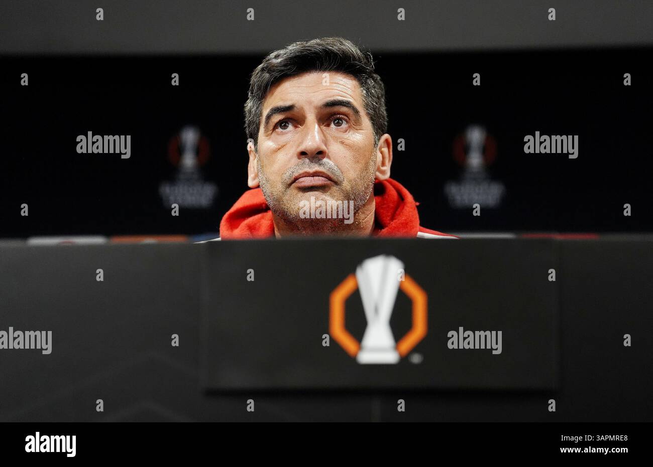 Lyon manager Paulo Fonseca during a press conference at Old Trafford ...